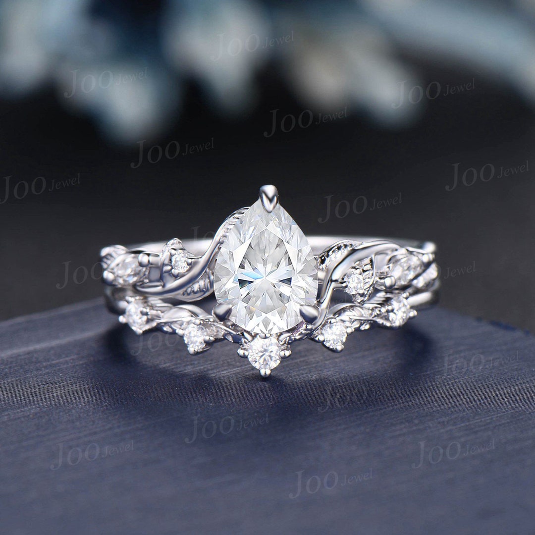 Vintage Pear Cut Diamond Engagement Ring Set Lab Grown Diamond IGI Certificate Wedding Ring for ...