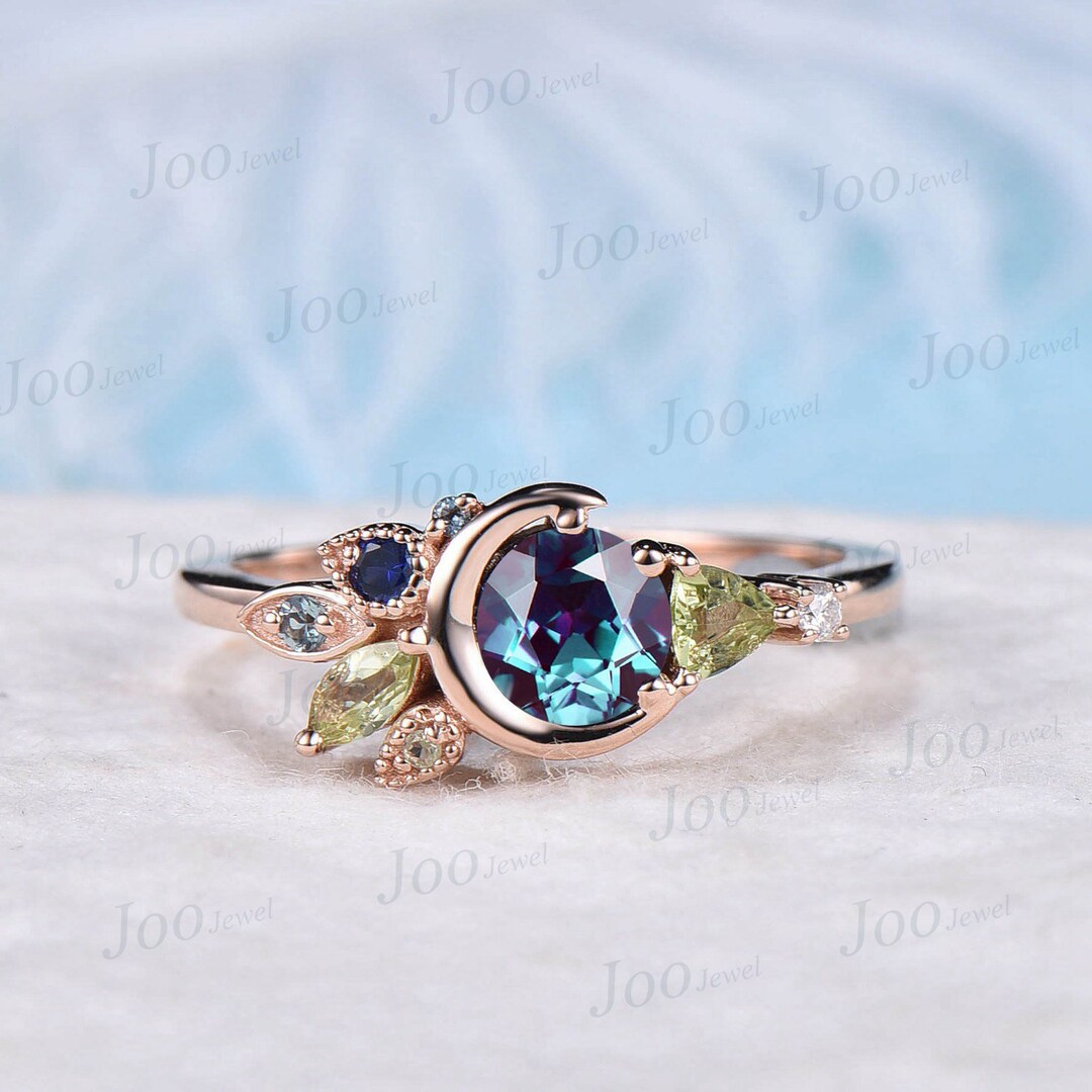 Unique Round Alexandrite Ring Moon Wedding Ring Celestial Engagement ...