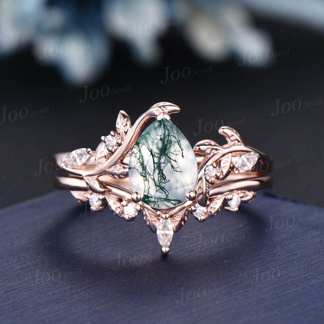 14K Rose Gold Nature Inspired Moss Agate Moissanite Bypass Wedding Ring ...
