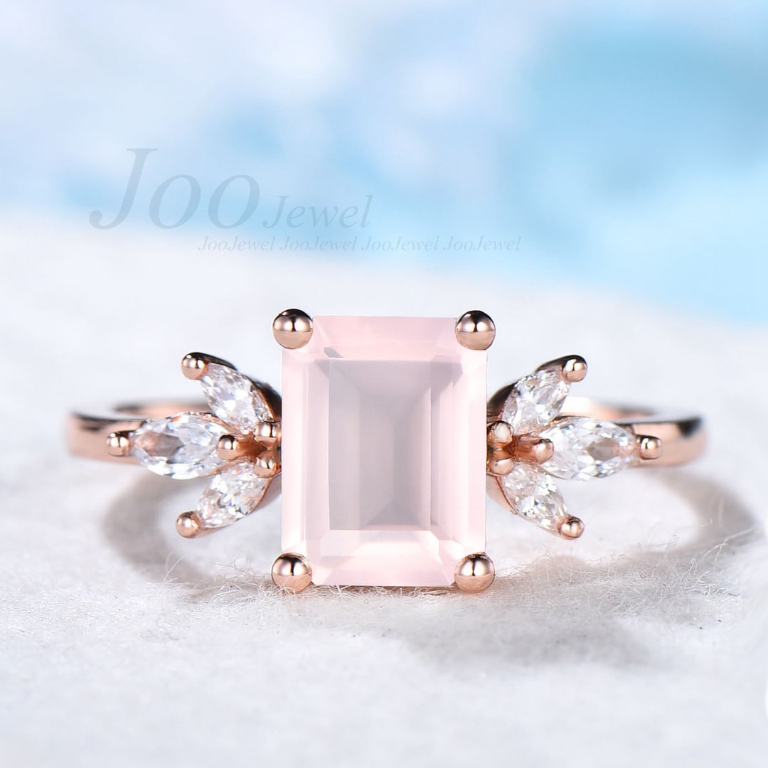 Natural Rose Quartz Ring Emerald Cut Pink Stone Crystal Ring Rose Gold ...