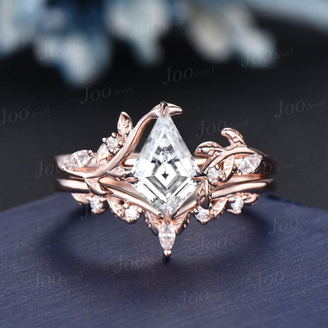Vintage 1ct Kite Cut Moissanite Wedding Ring Set Leaf &vine Design ...