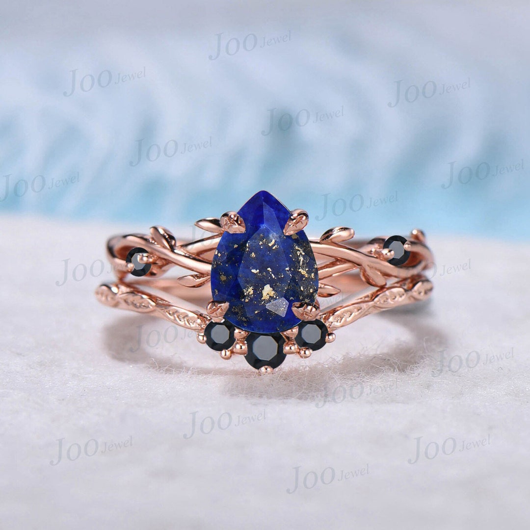 1.25ct Nature Inspired Natural Lapis Lazuli Engagement Ring Set Pear Lapis Gold Ring Twig Vine ...