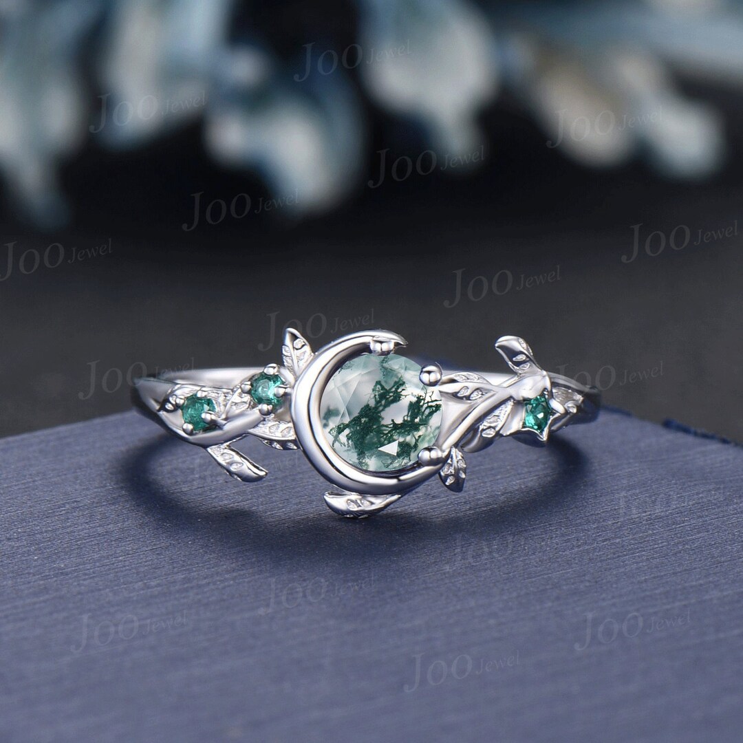 Nature Inspired Natural Moss Agate Ring Moon Star Design Vintage 5mm ...
