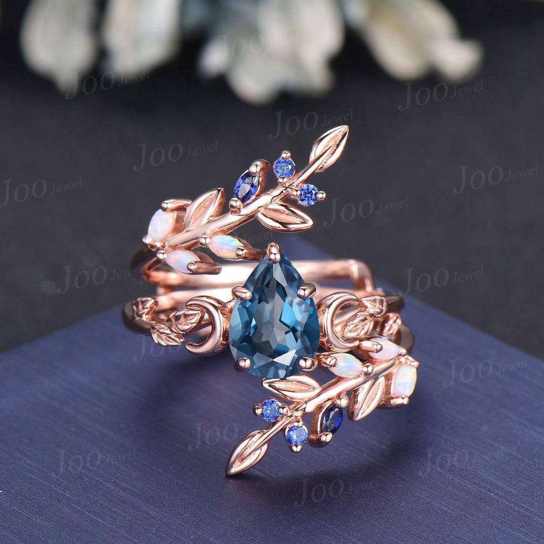 Pear Cut Natural London Blue Topaz Leaf Moon Enhancer Bridal Engagement ...