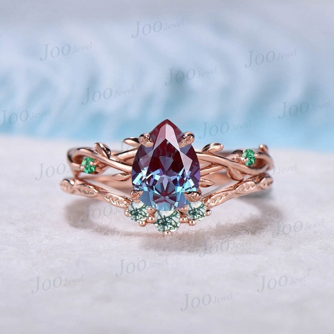 1.25ct Nature Inspired Pear Alexandrite Ring Set Twig Engagement Ring ...