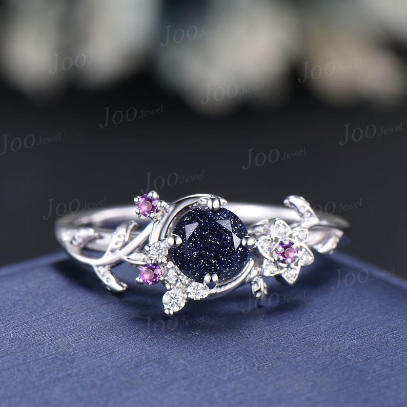 Nature Inspired Round Galaxy Blue Sandstone Amethyst Wedding Ring ...