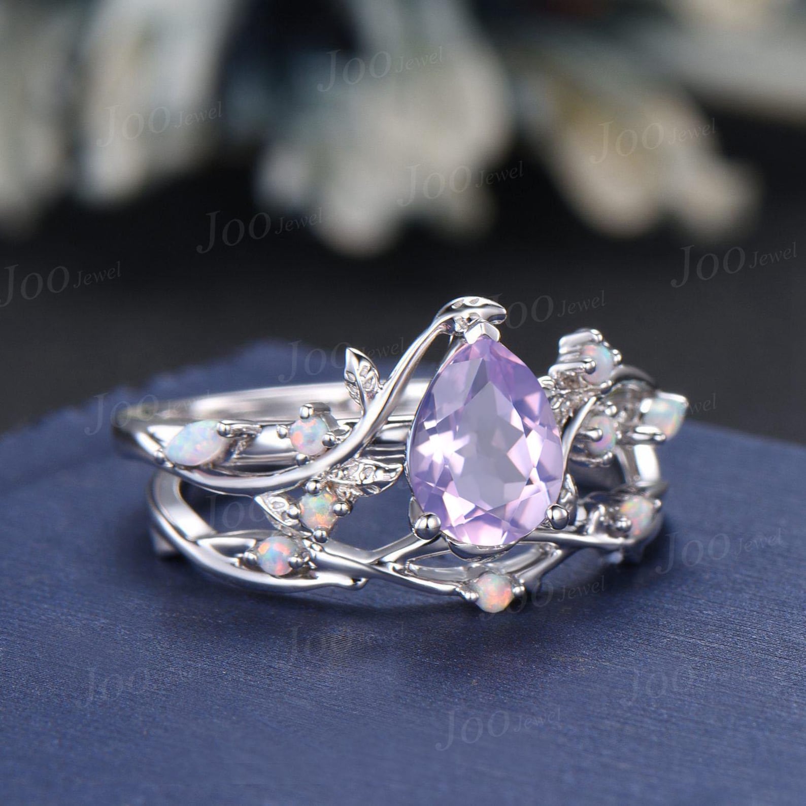 Pear Cut Natural Lavender Amethyst Opal Ring Set Sterling Silver Nature ...