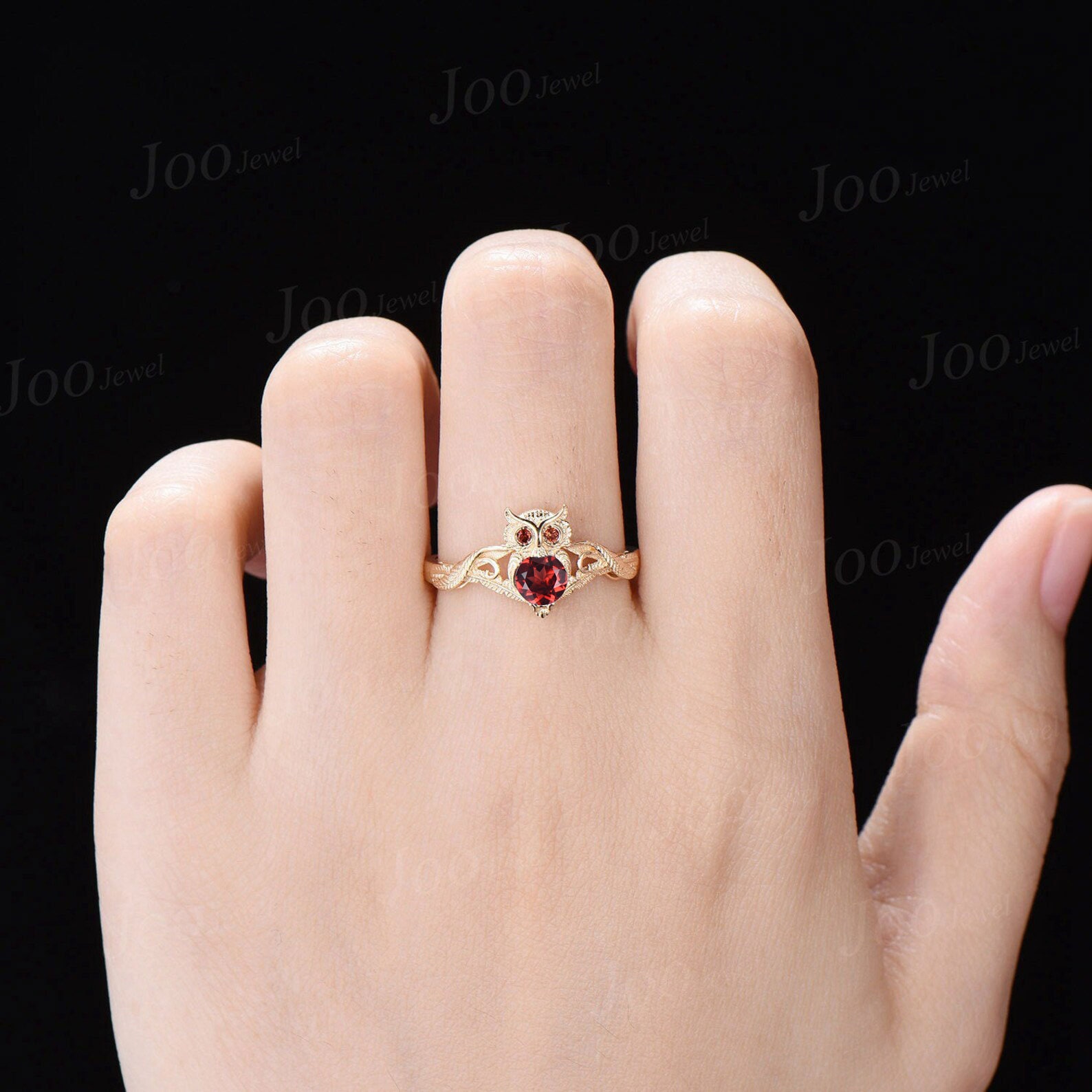 Unique Branch Twig Vine Owl Engagement Ring 14K Yellow Gold Natural Red ...