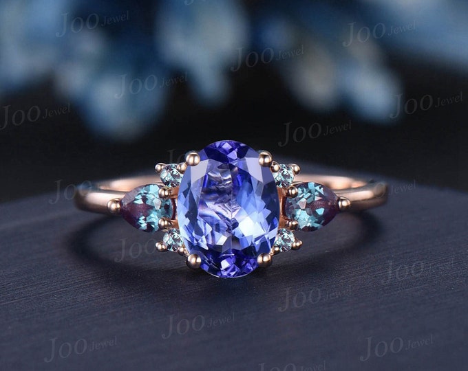 1.5ct Oval Cut Natural Tanzanite Engagement Ring Cluster Pear Alexandrite Ring Unique December ...