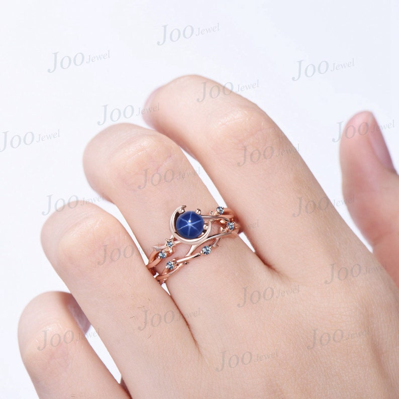 Round Star Sapphire Engagement Ring Moon Star Design Nature Inspired ...