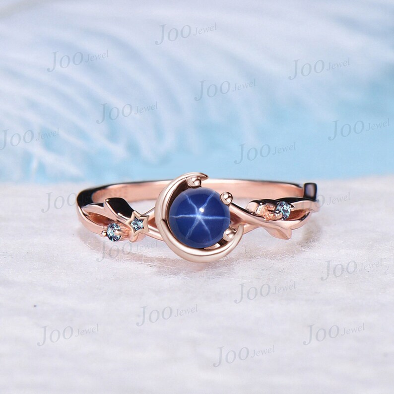 Round Star Sapphire Engagement Ring Moon Star Design Nature Inspired ...