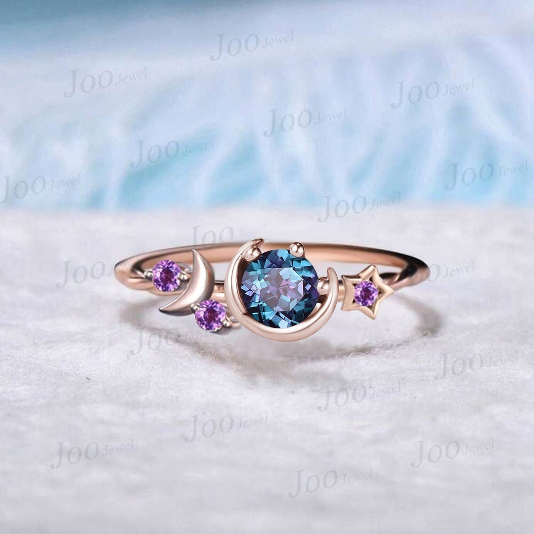 Unique Round Alexandrite Ring Moon Star Cluster Engagement Ring June ...
