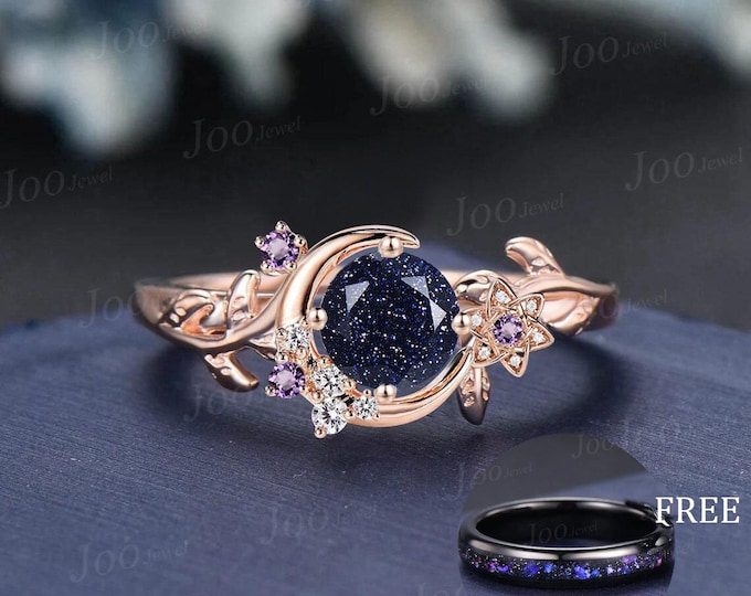 Nature Inspired Round Galaxy Blue Sandstone Amethyst Wedding Ring ...