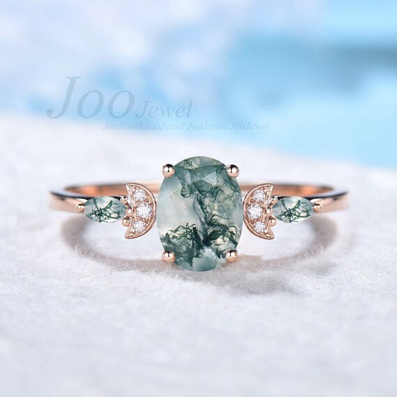 Unique Natural Moss Agate Ring Moon Engagement Ring Vintage - Etsy
