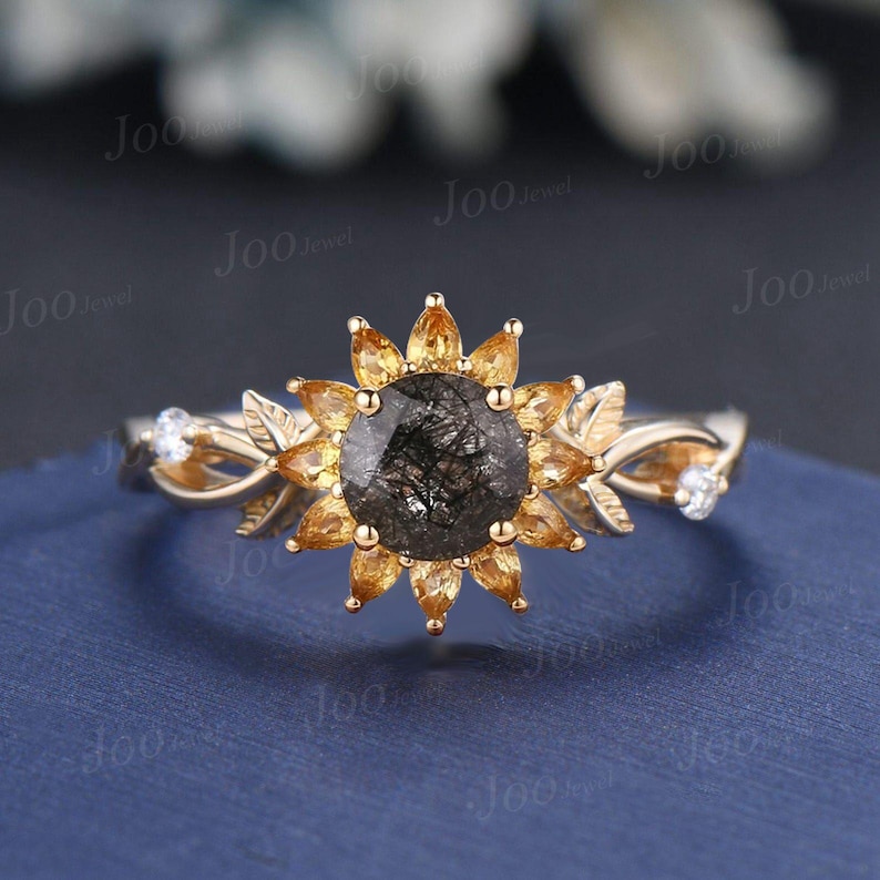 Sunflower Wedding Ring Solid 10K Gold Natural Citrine Black Rutilated ...