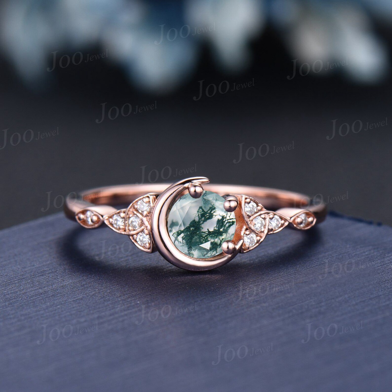 5mm Round Cut Natural Moss Agate Moon Wedding Ring Set Vintage Celtic ...