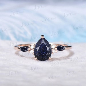 2ct Emerald Cut Galaxy Starry Sky Blue Sandstone Ring Marquise Blue Goldstone Moissanite Ring ...