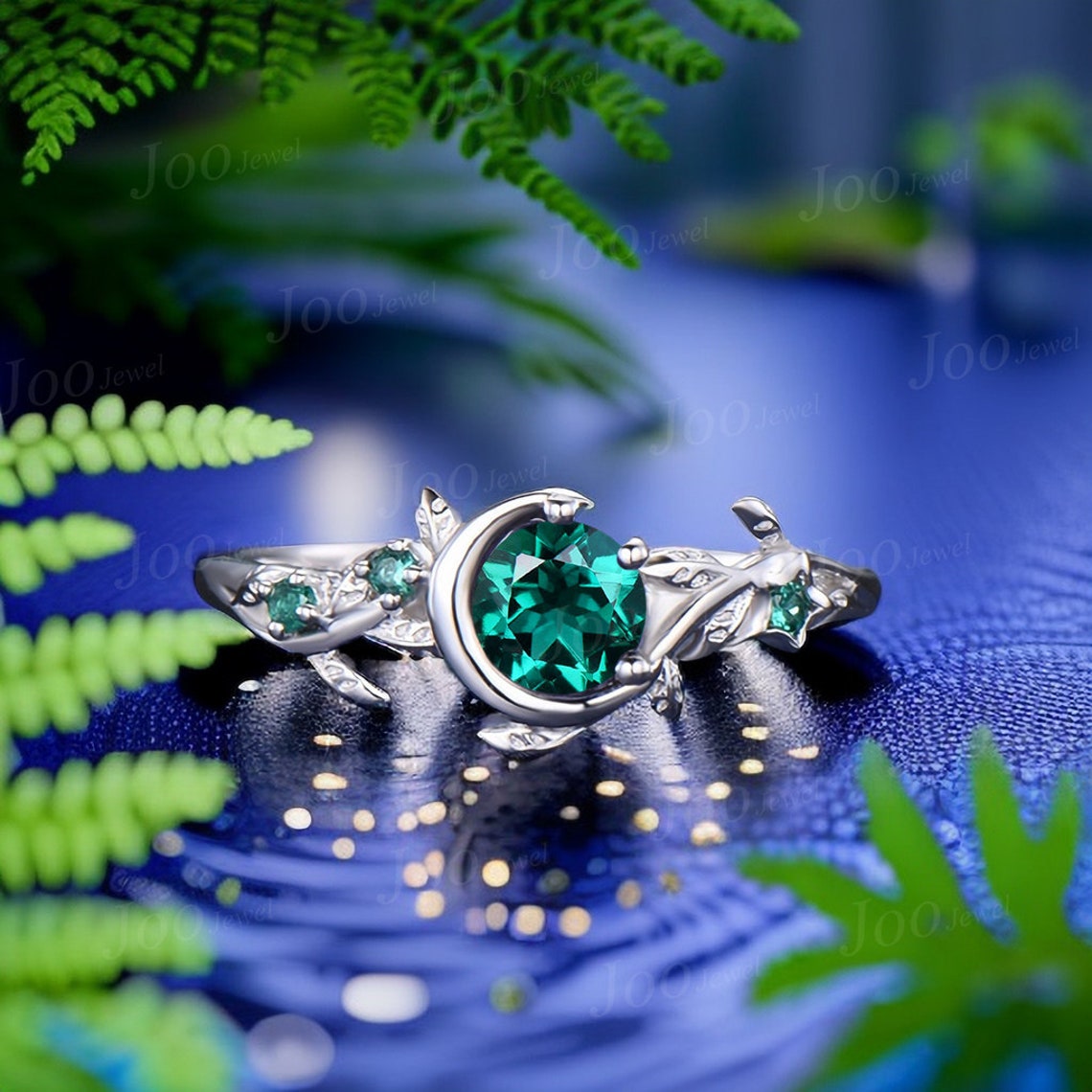 Moon Star Design Round Emerald Promise Ring 10K White Gold Nature ...