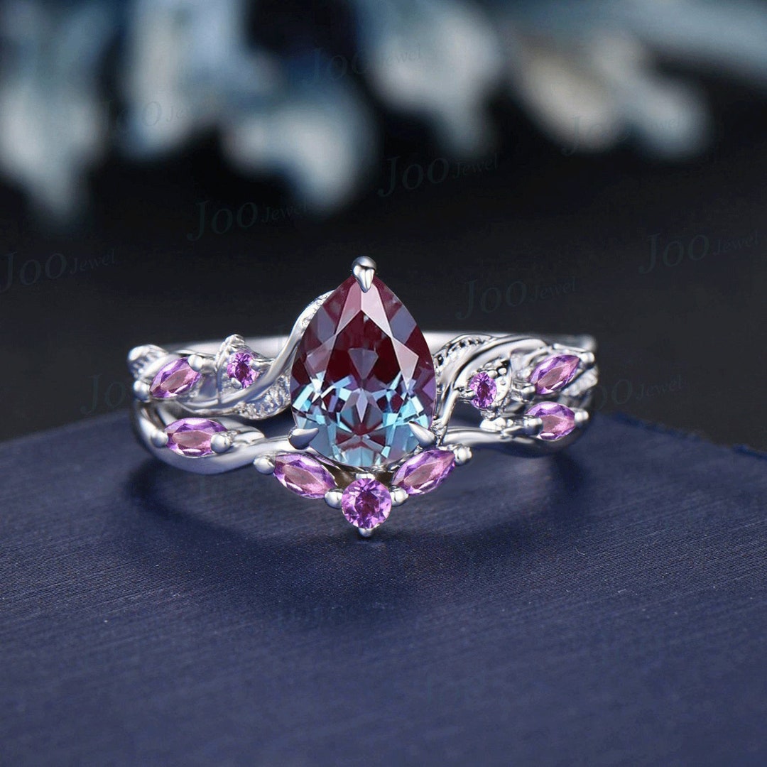 Nature Inspired Alexandrite Amethyst Bridal Set Pear Color-change ...