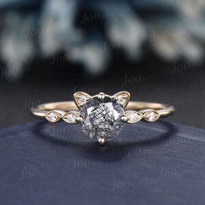 Meow Women Ring Cat Engagement Ring Natural Black Quartz Crystal Bridal ...