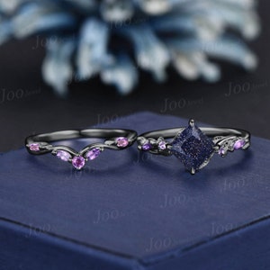 Princess Cut Blue Goldstone Ring Set Nature Inspired Galaxy Blue ...
