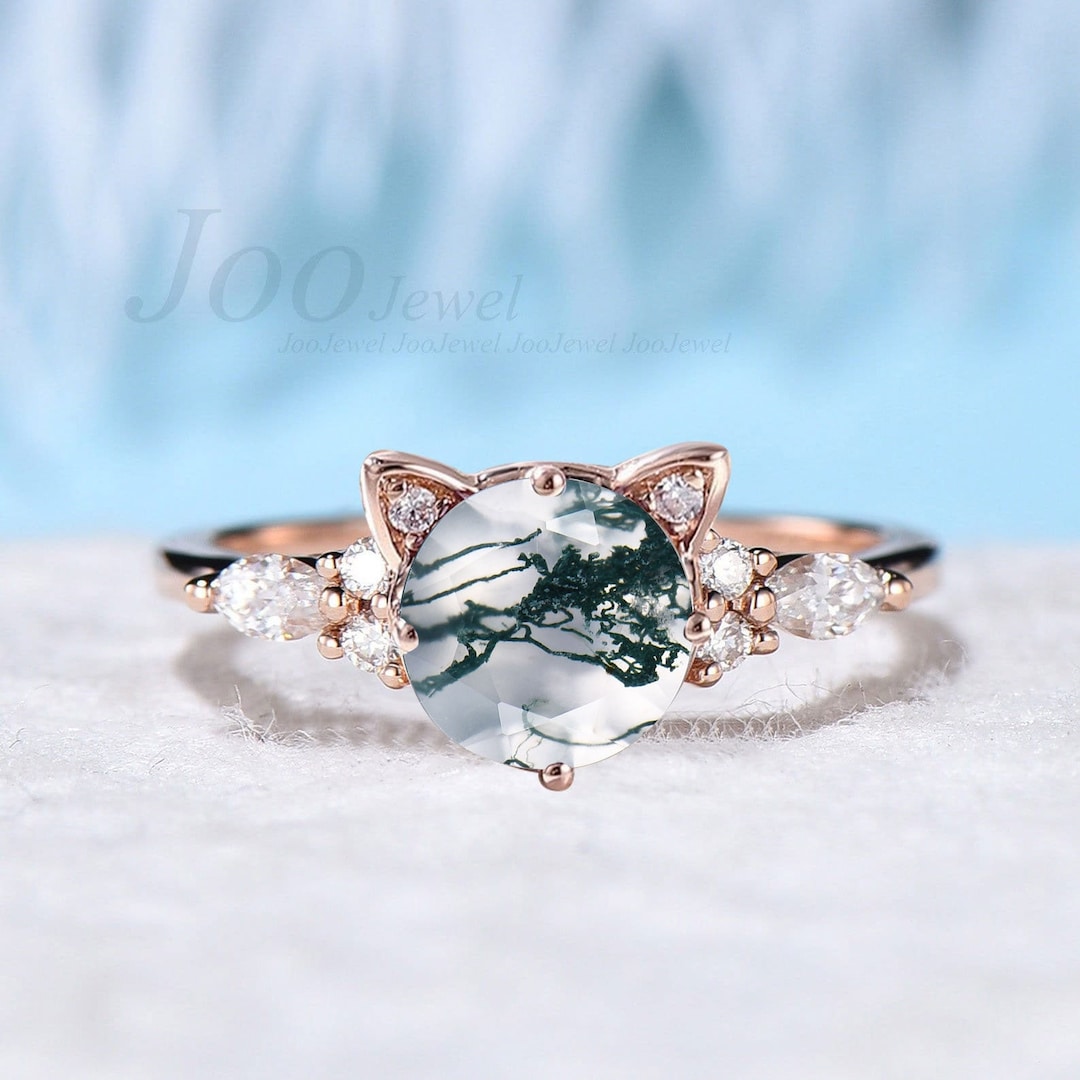 Cat Engagement Ring Silver Vintage 1.2ct Round Natural Moss Agate ...