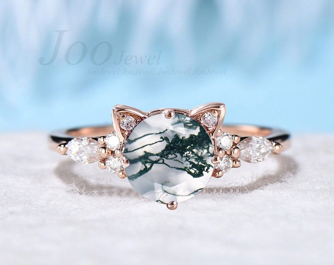 Cat Engagement Ring Silver Vintage 1.2ct Round Natural Moss Agate ...