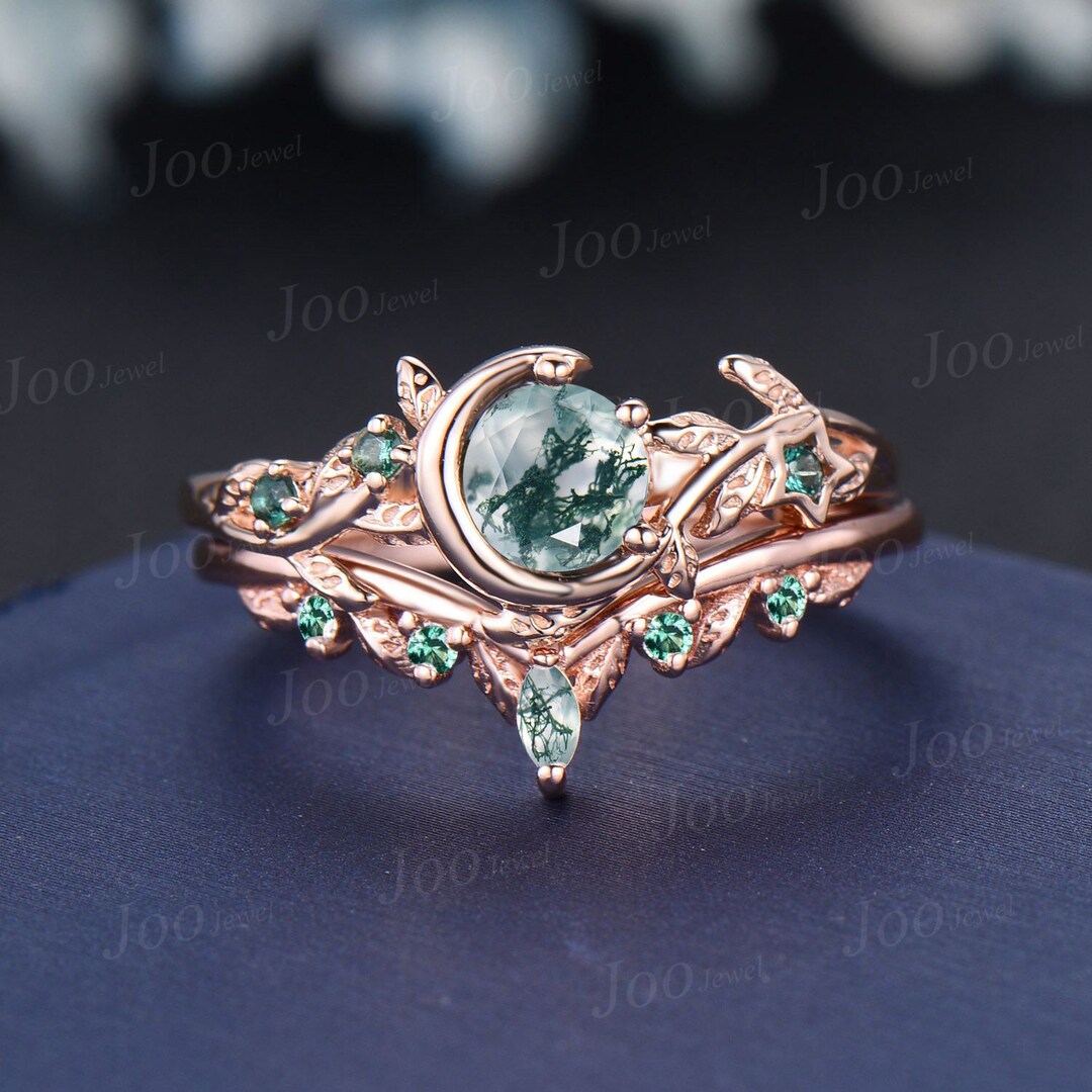 Nature Inspired Natural Green Moss Agate Emerald Ring Set Vintage 5mm ...