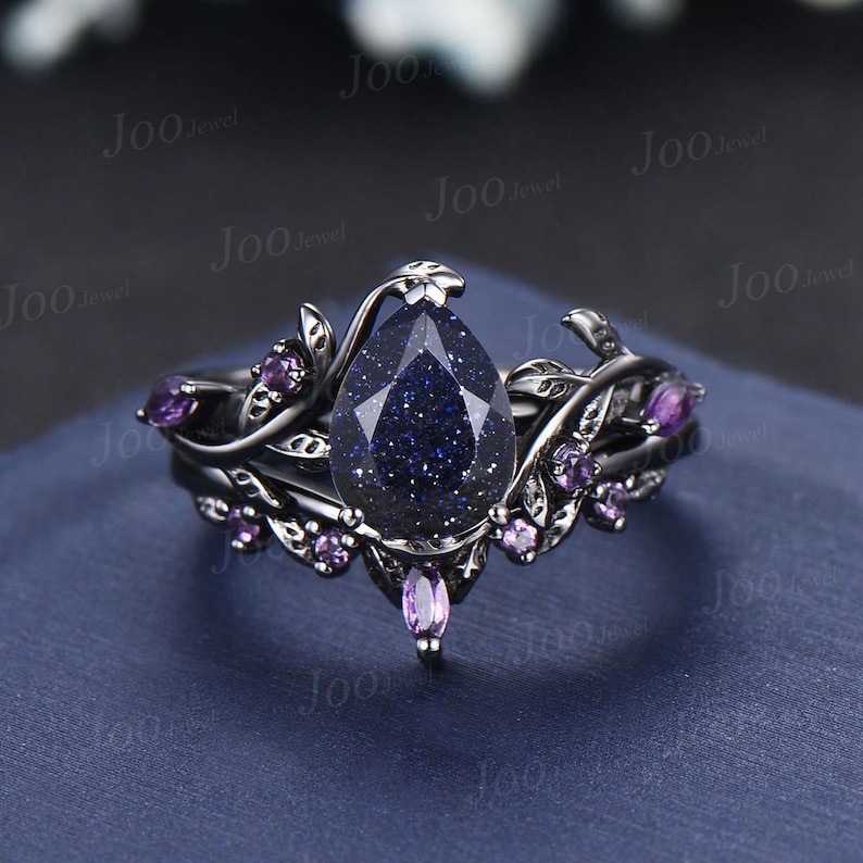 Pear Galaxy Blue Sandstone Amethyst Engagement Ring Set Vintage 14k ...