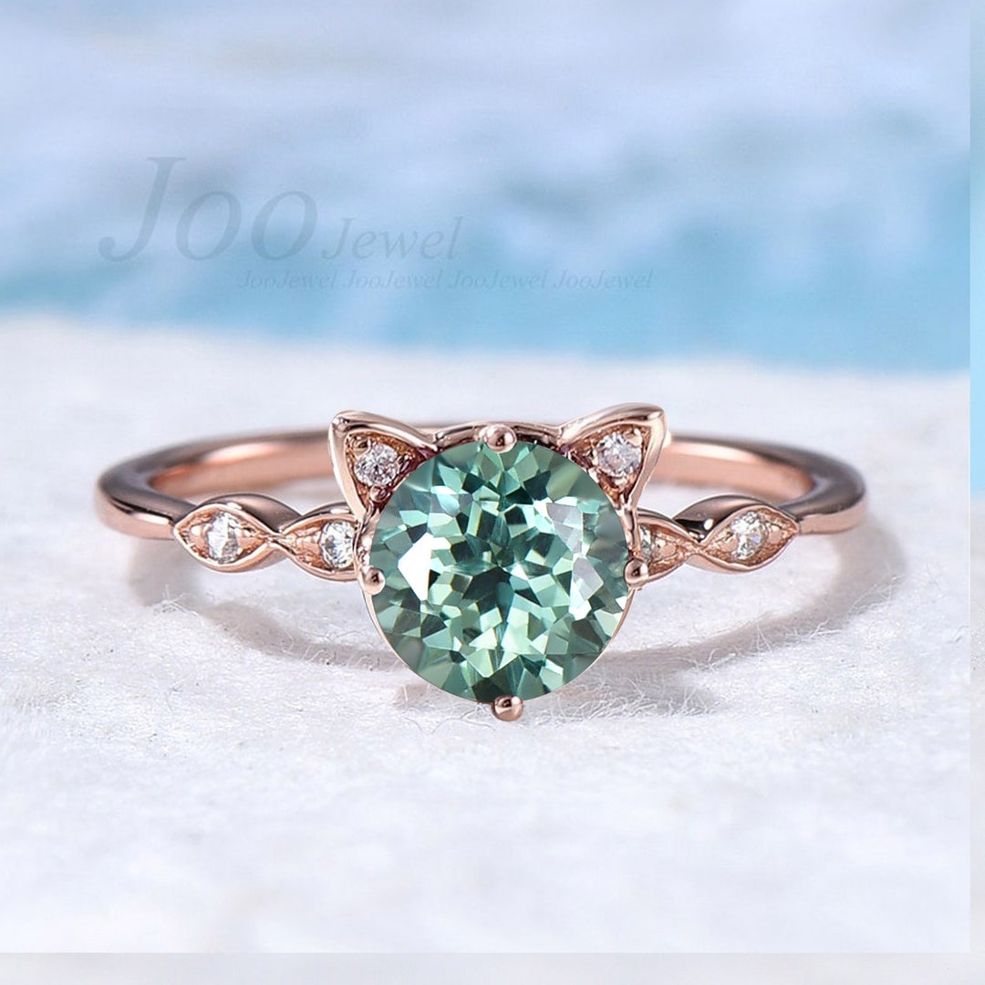 Cat Promise Ring Vintage 1ct Round Cut Green Sapphire Engagement Ring ...