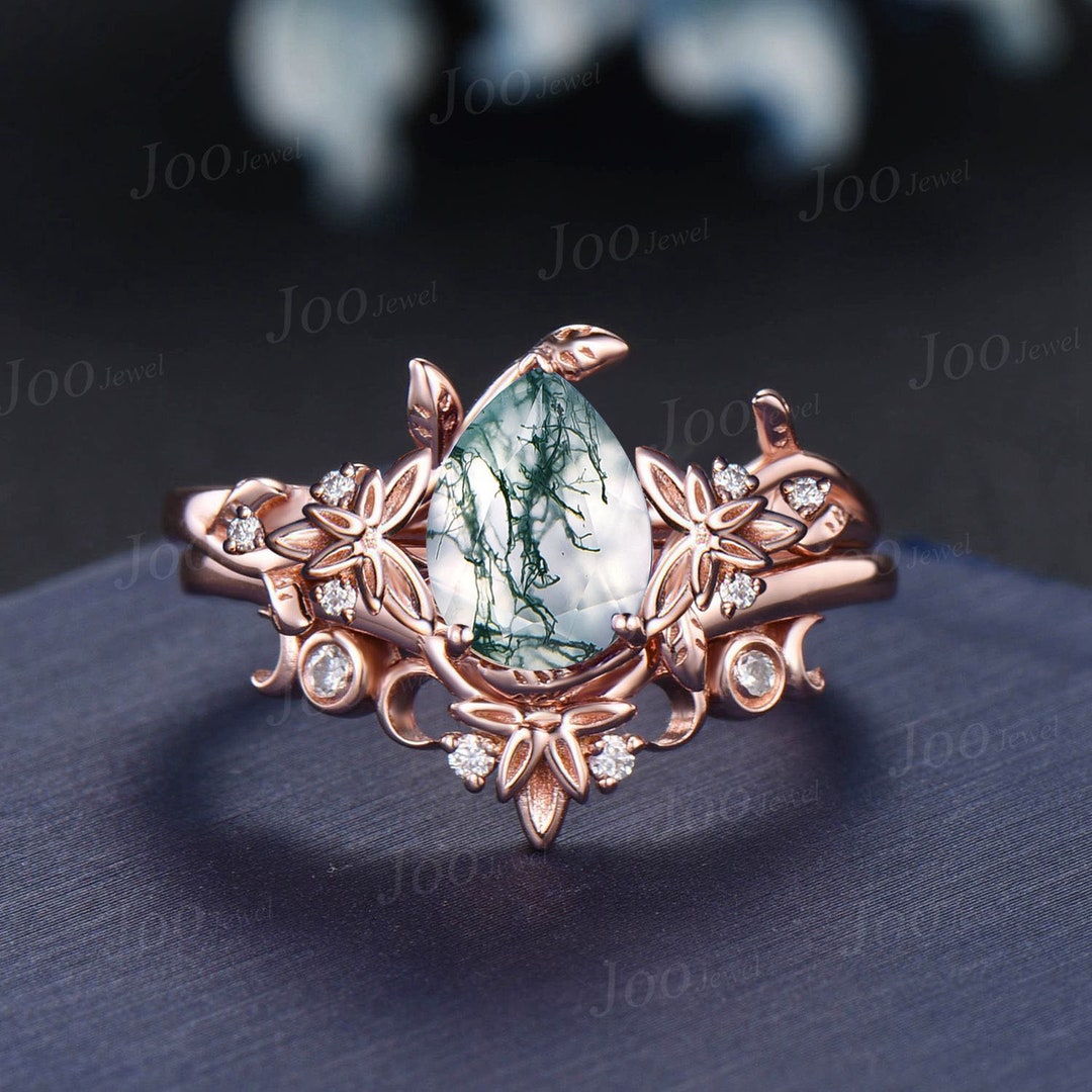 Nature Inspired Natural Moss Agate Ring Set Trinity Knot Half Moon ...