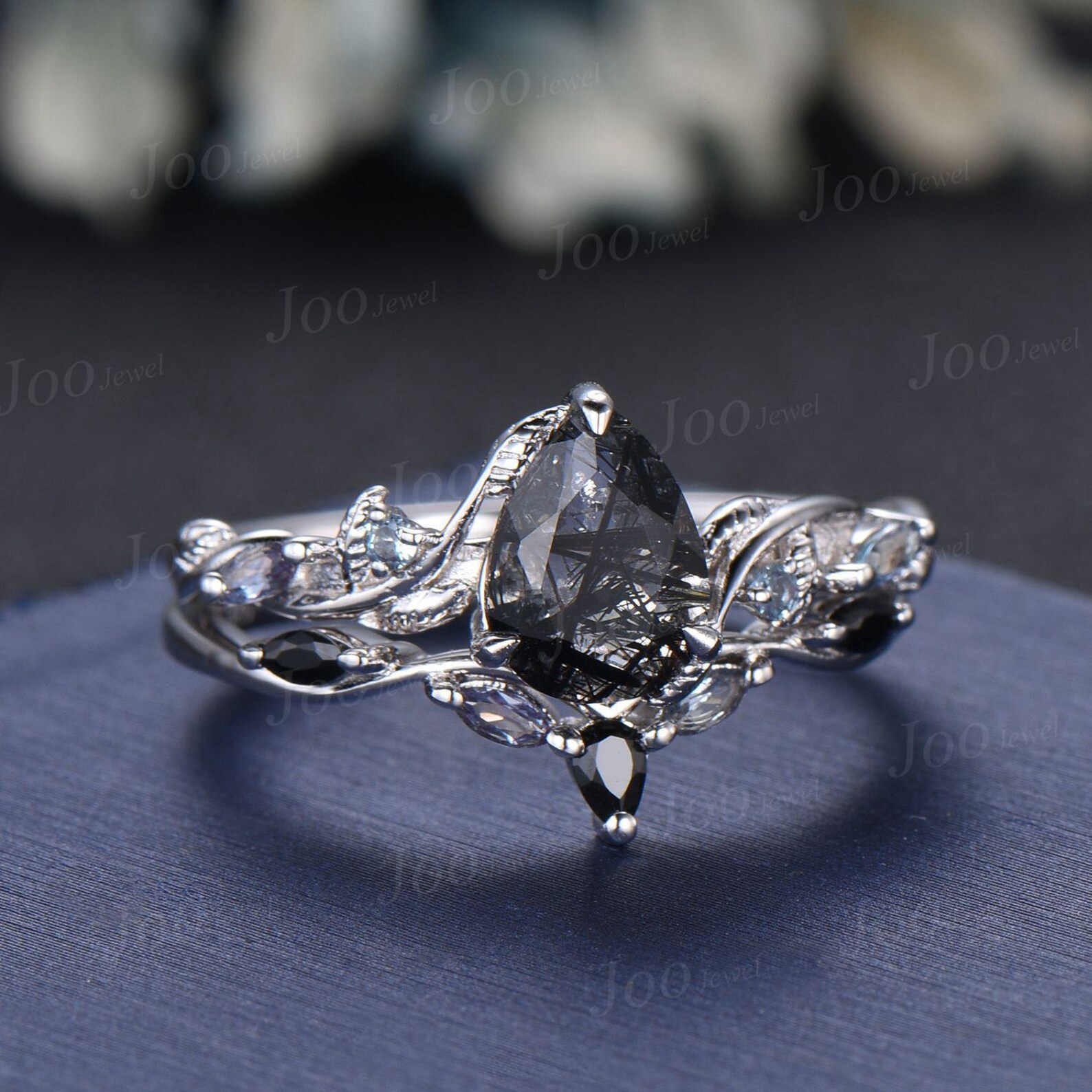 Twisted Twig Vine Natural Black Rutilated Quartz Alexandrite Ring Set ...