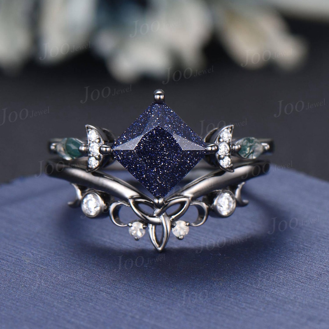 2ct Princess Cut Galaxy Blue Sandstone Celestial Engagement Ring Set ...