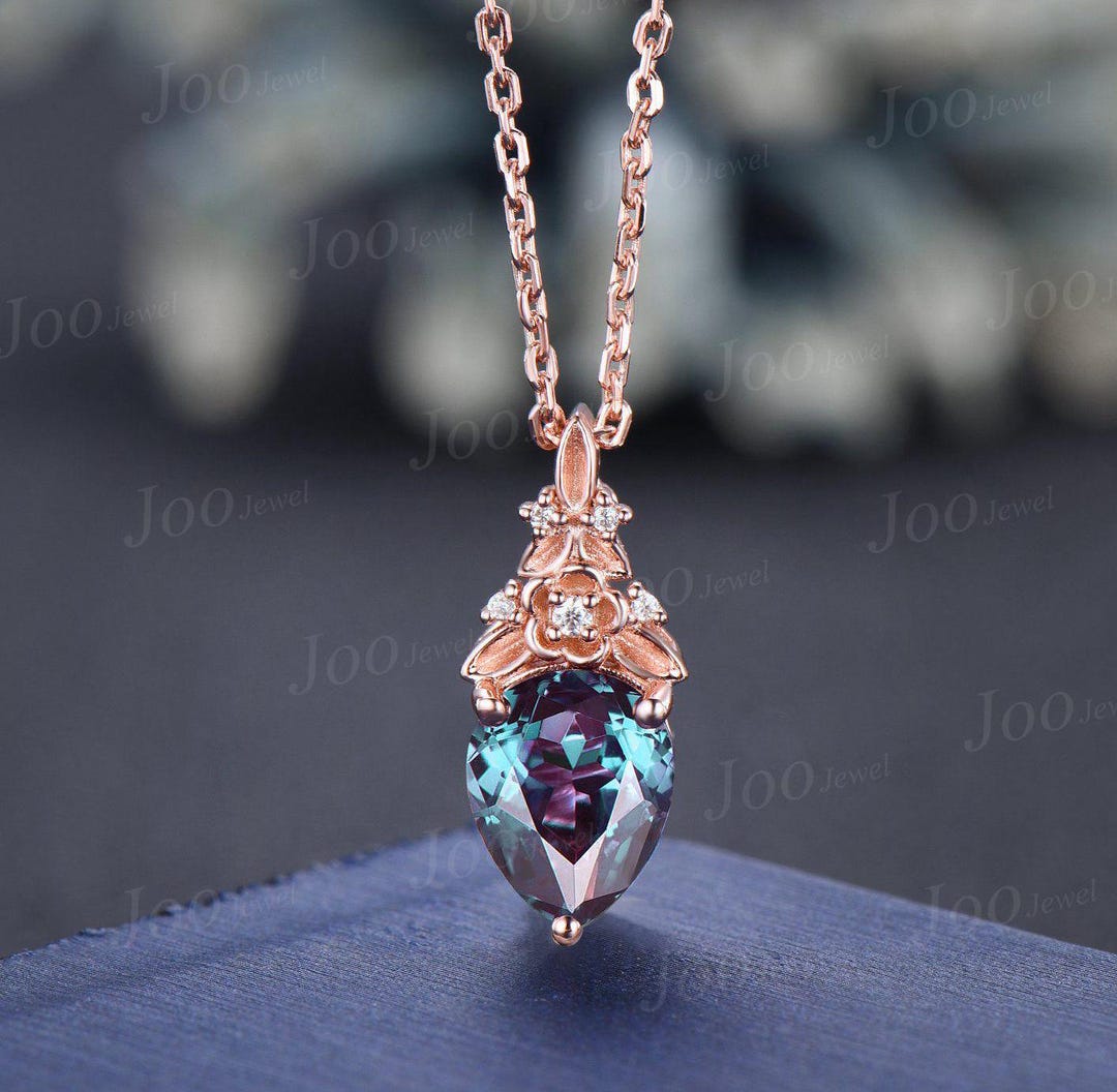 Pear Cut Color-change Alexandrite Necklace Solid 14K Rose Gold Nature ...