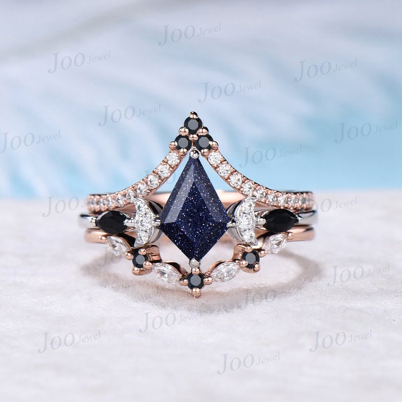 1ct Kite Galaxy Blue Sandstone Celestial Engagement Ring Set Half Moon ...