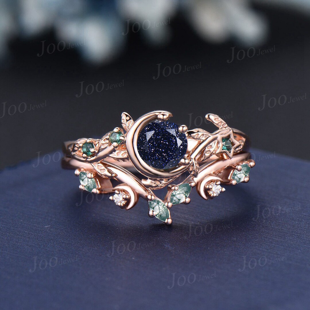 5mm Round Cut Galaxy Blue Sandstone Moon Engagement Ring Set Vintage ...