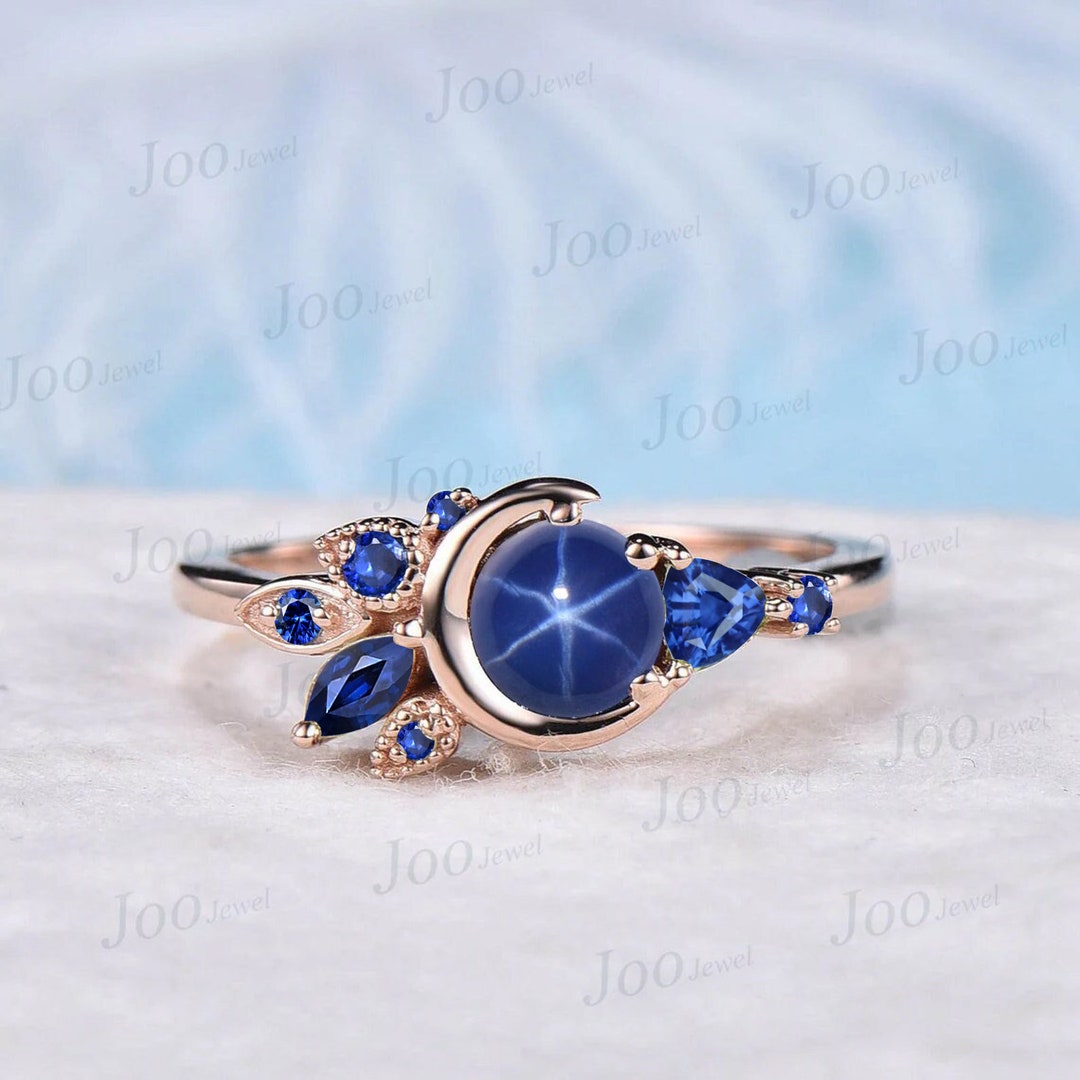 5mm Round Star Sapphire Engagement Ring Moon Blue Sapphire Wedding Ring ...