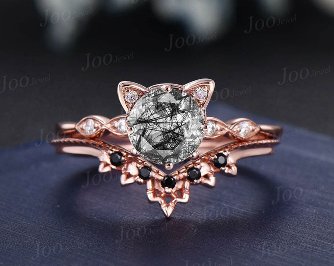 Meow Women Ring Cat Engagement Ring Natural Black Quartz Crystal Bridal Set 10K Rose Gold Round ...