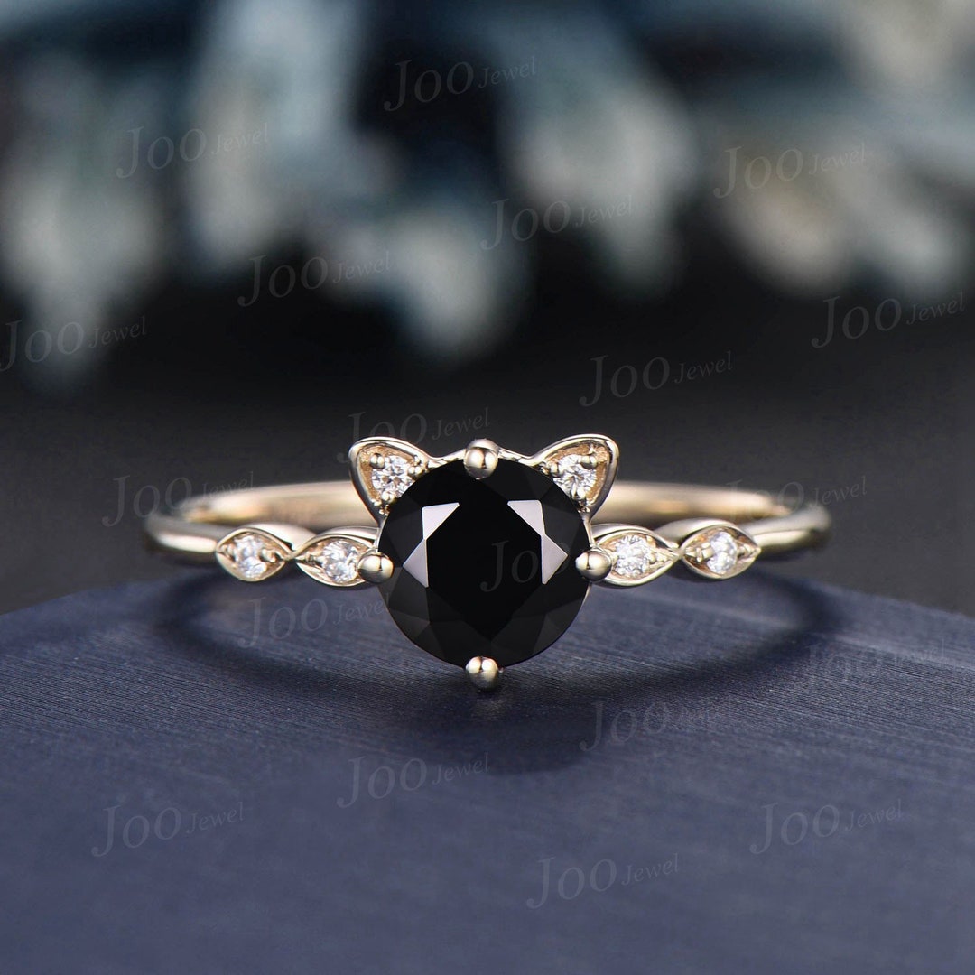 Cat Engagement Ring Vintage 1ct Natural Black Onyx Promise Ring Round ...
