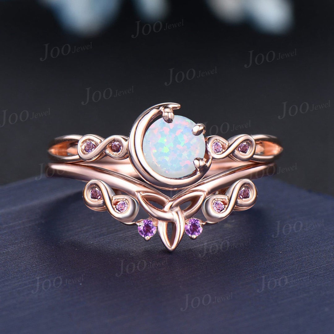Unique Infinity Bridal Set 5mm Round White Fire Opal Engagement Ring ...