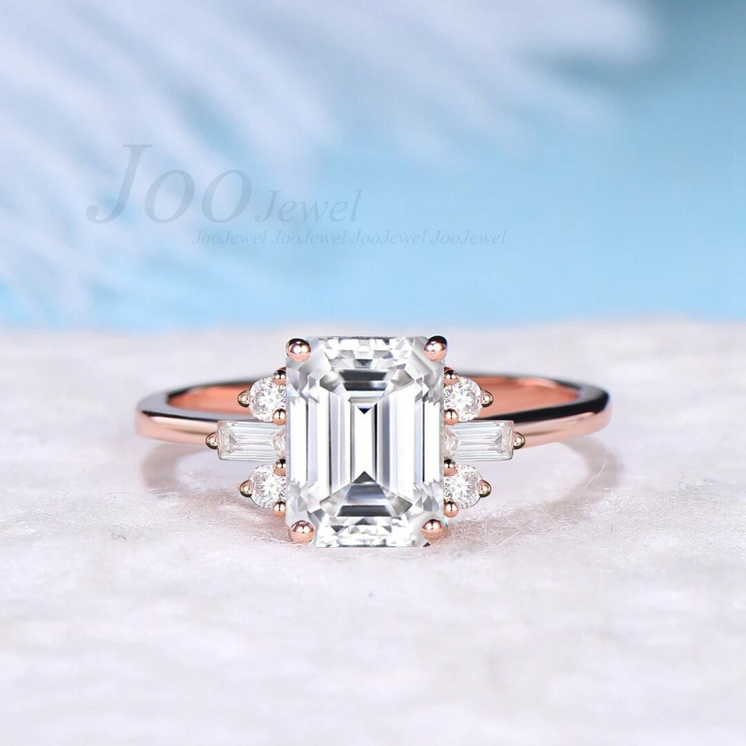 2ct Emerald Cut Moissanite Ring Cluster Moissanite Engagement Ring, Art ...