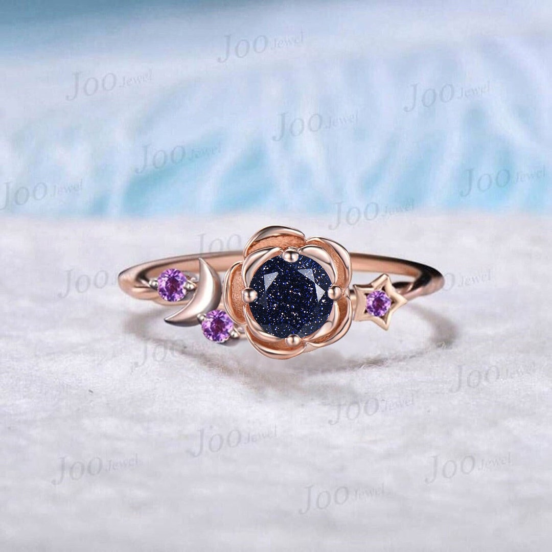 Rose Flower Round Galaxy Blue Sandstone Ring Nature Inspired Blue ...
