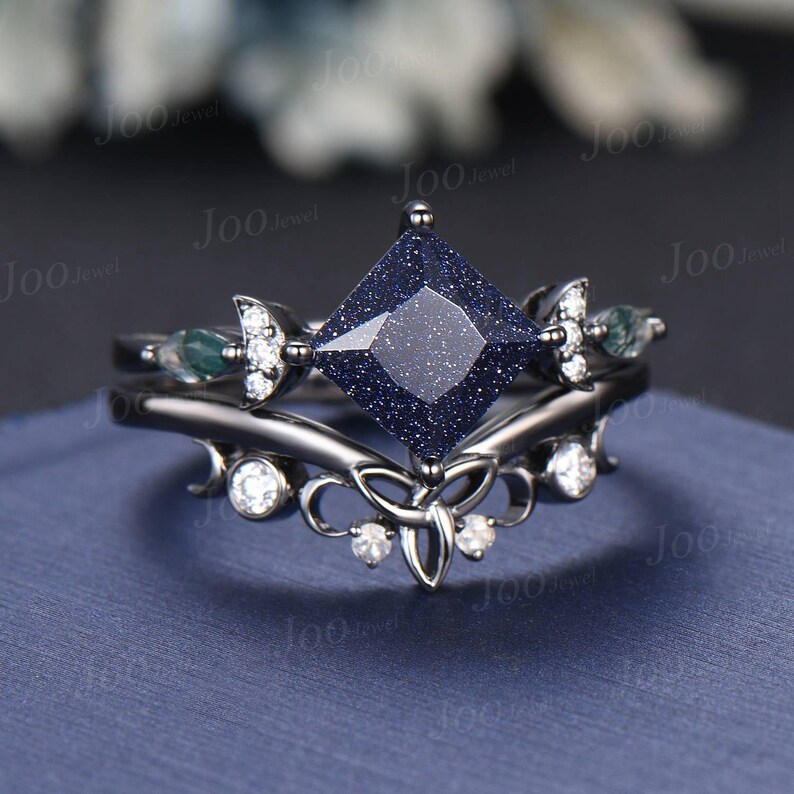 2ct Princess Cut Galaxy Blue Sandstone Celestial Engagement Ring Set ...