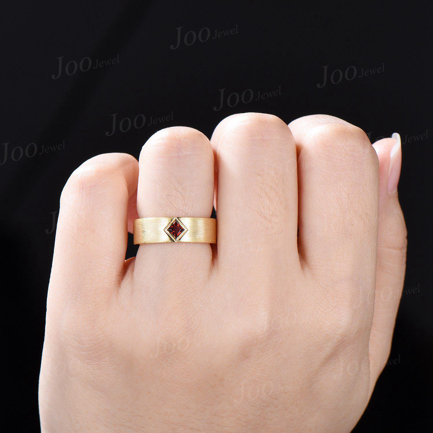 6mm Natural Garnet Mens Brushed Wedding Band 14K Yellow Gold Princess ...