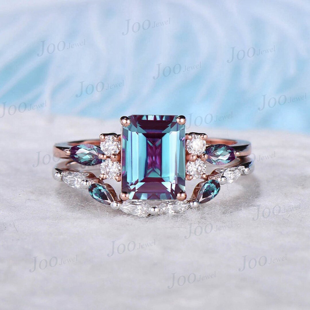 2ct Emerald Cut Alexandrite Ring Set Vintage Alexandrite Moissanite ...