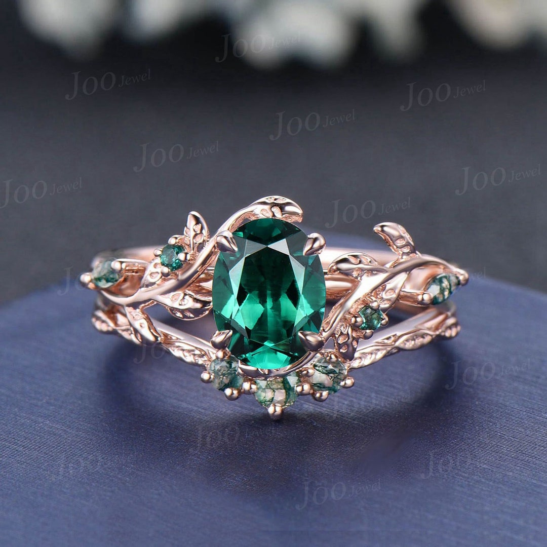 Twig Vine Green Emerald Ring Set Rose Gold 1.5ct Oval Emerald Moss ...