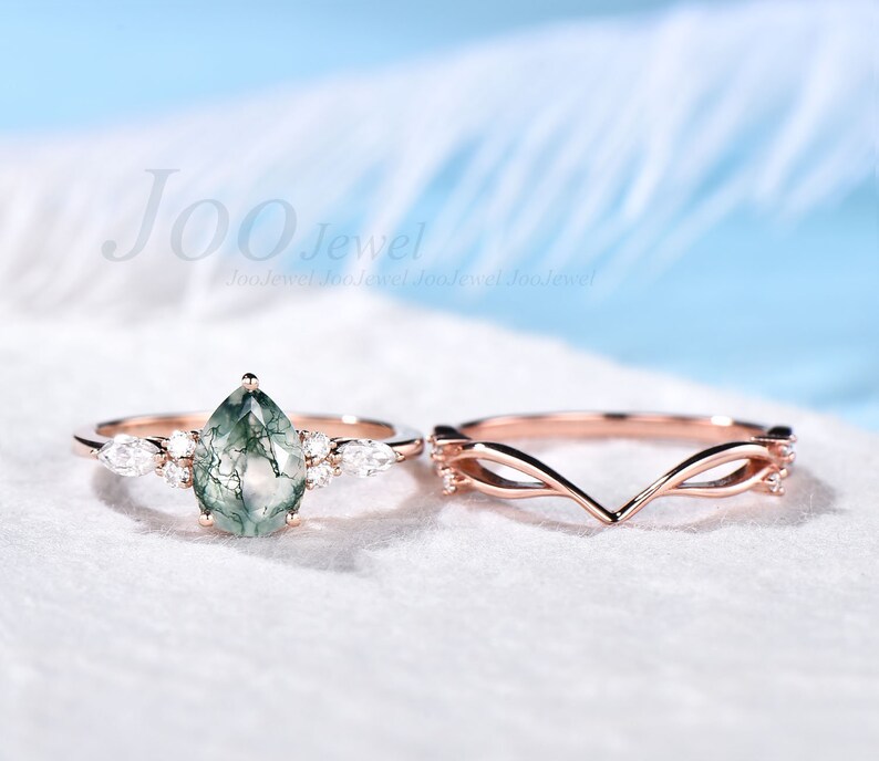 Pear Shaped Moss Agate Engagement Ring Set Rose Gold Marquise - Etsy