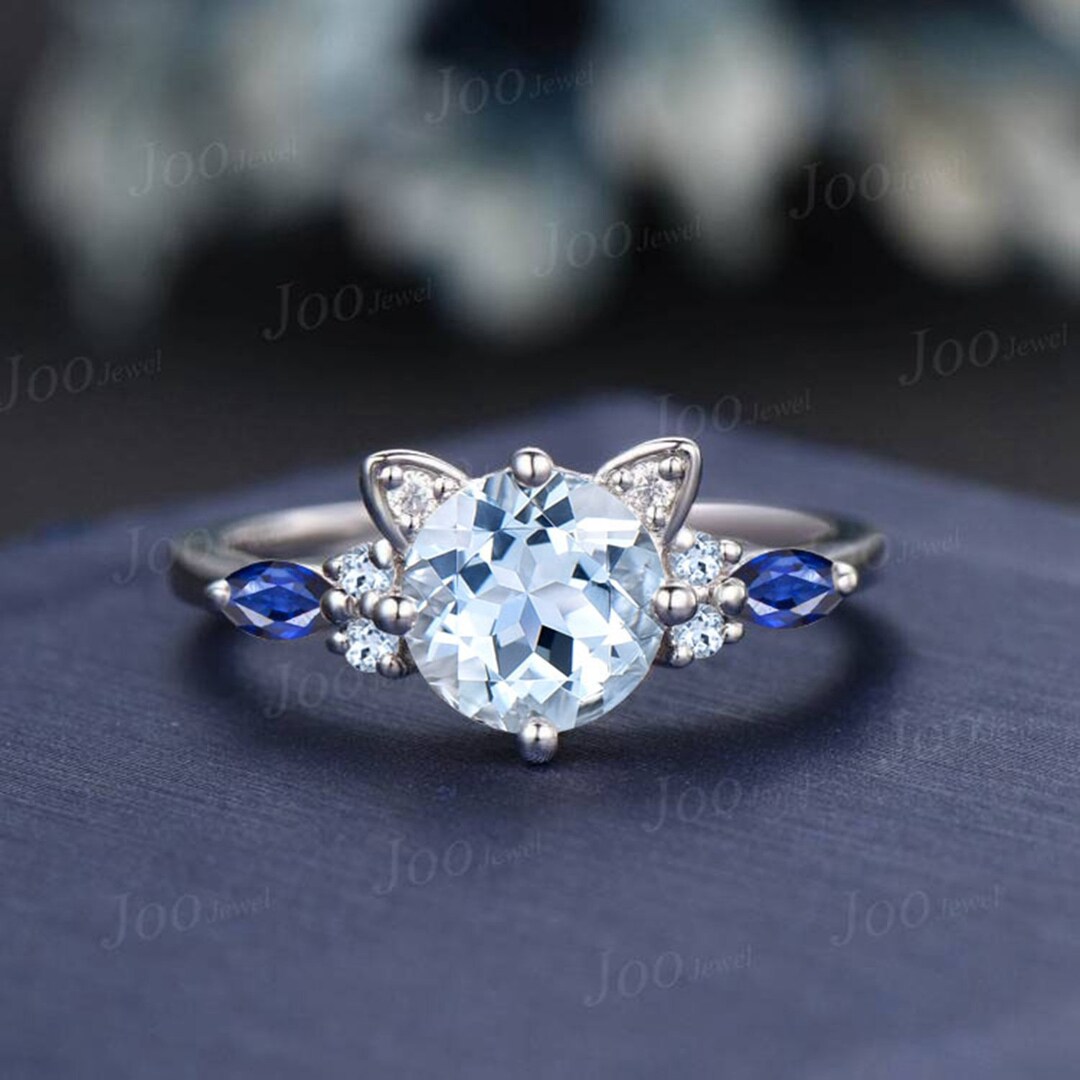 Kitten Cat Engagement Ring Vintage 1.2ct Round Natural Aquamarine Blue ...