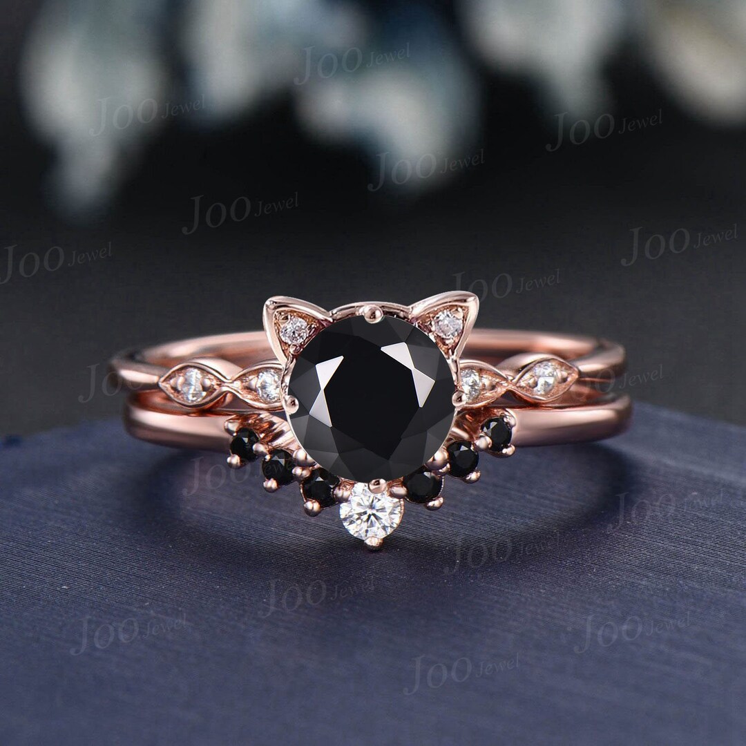 Cat Themed Engagement Ring Round Natural Black Onyx Wedding Ring Set ...