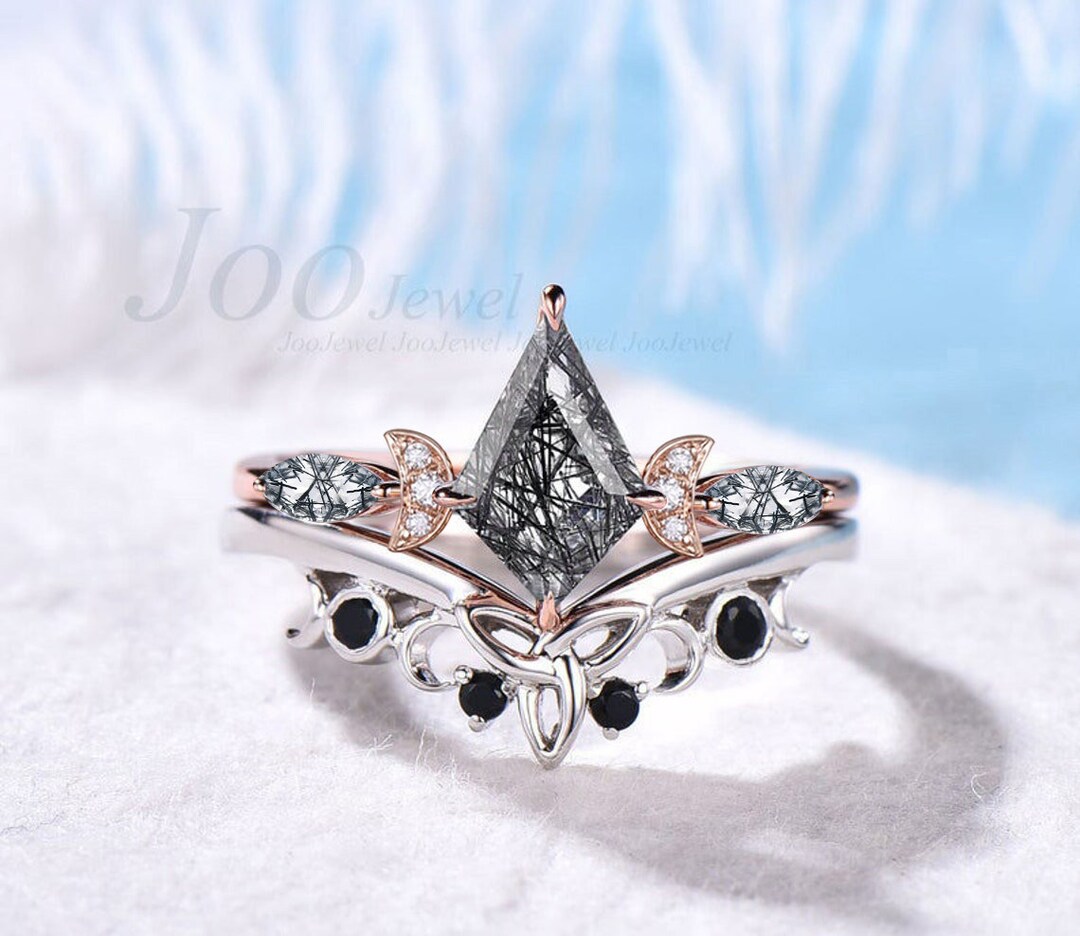 Celestial Engagement Ring Triple Moon Goddess Natural Black Rutilated ...